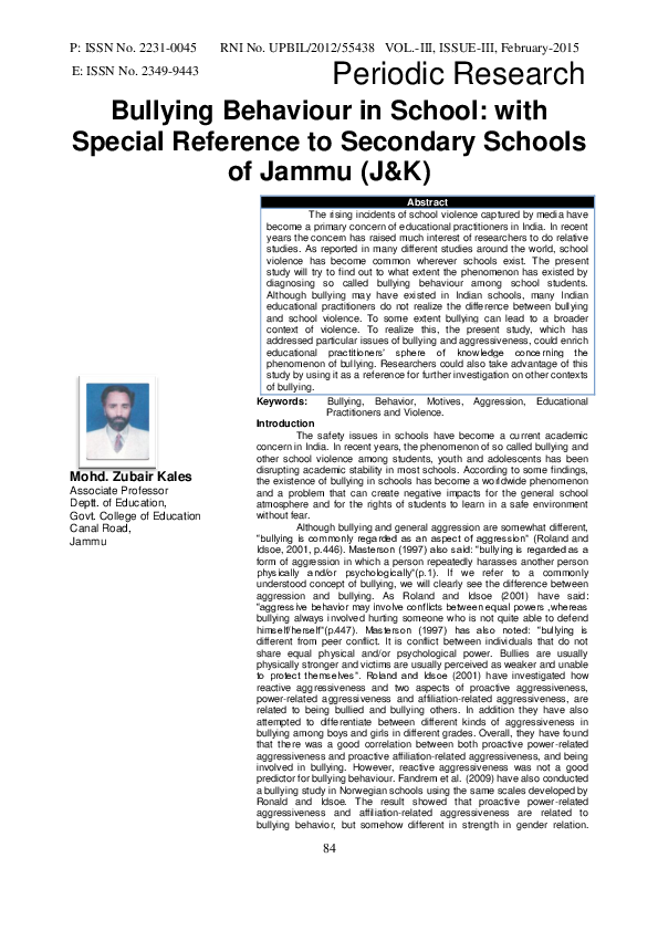(PDF) Bullying Behaviour in School: with Special Reference to Secondary ...