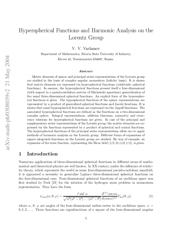 (PDF) Hyperspherical Functions and Harmonic Analysis on the Lorentz Group