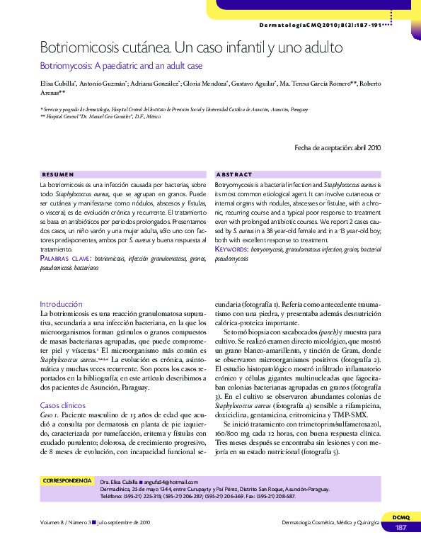 (PDF) Botriomicosis cutánea. Un caso infantil y uno adulto