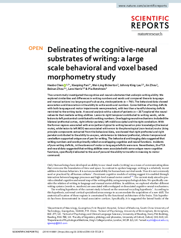 Pdf Delineating The Cognitive Neural Substrates Of Writing A Large Scale Behavioral And Voxel