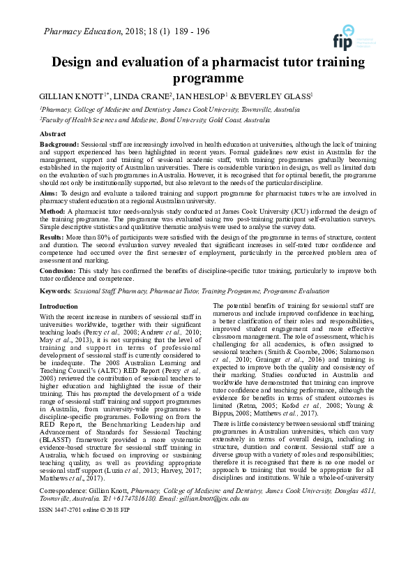 (PDF) Design and evaluation of a pharmacist tutor training programme ...