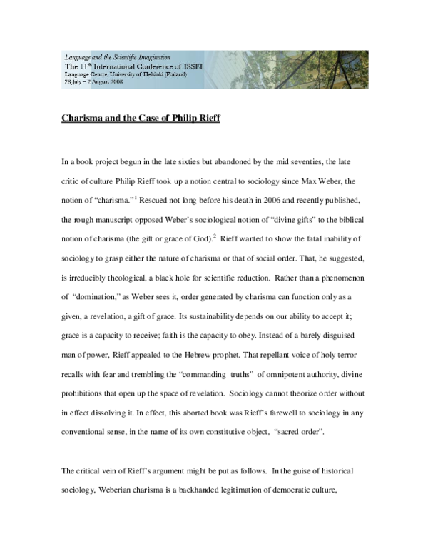 (PDF) Charisma and the Case of Philip Rieff