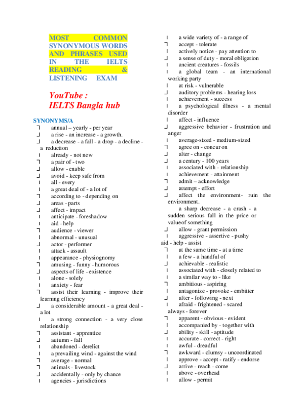 (PDF) THE MOST COMMON IELTS READING LISTENING VOCABULARY