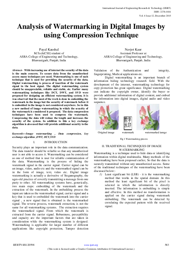 (PDF) Analysis of Watermarking in Digital Images by using Compression Technique | Payal Kaushal ...