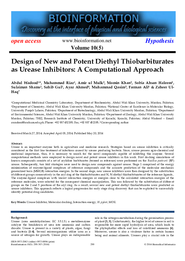 (PDF) Design of New and Potent Diethyl Thiobarbiturates as Urease ...