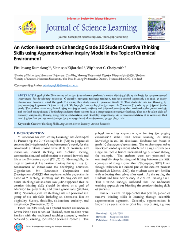 (PDF) An Action Research on Enhancing Grade 10 Student Creative Thinking Skills using Argument ...