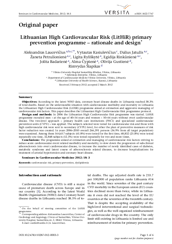 (PDF) Lithuanian High Cardiovascular Risk (LitHiR) primary prevention ...