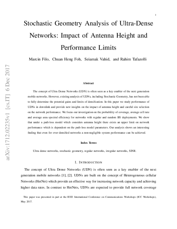 (PDF) Stochastic Geometry Analysis of Ultra-Dense Networks: Impact of ...