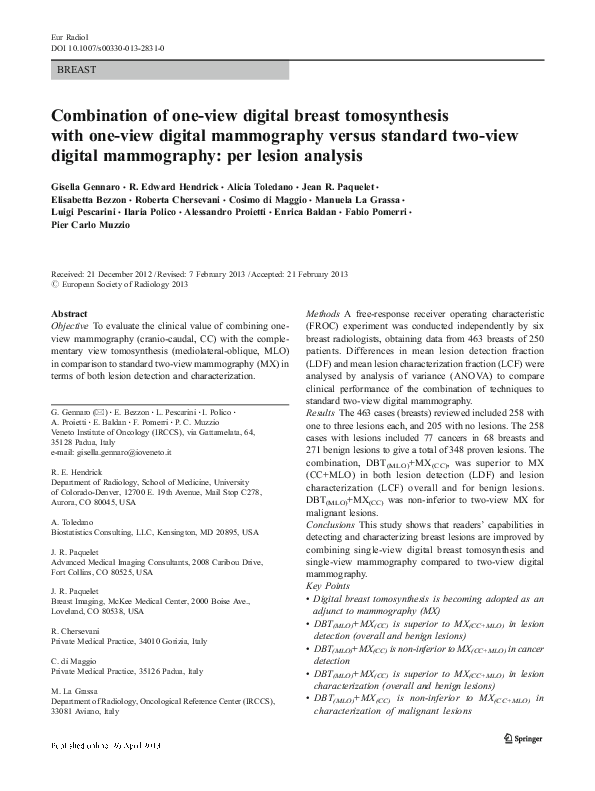 (PDF) Combination of one-view digital breast tomosynthesis with one-view digital mammography ...