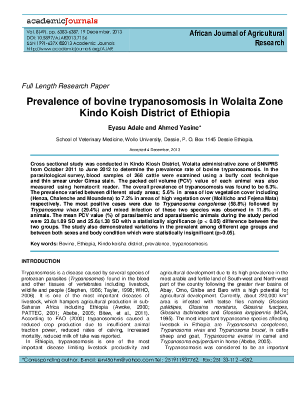 (PDF) Prevalence of bovine trypanosomosis in Wolaita Zone Kindo Koish ...