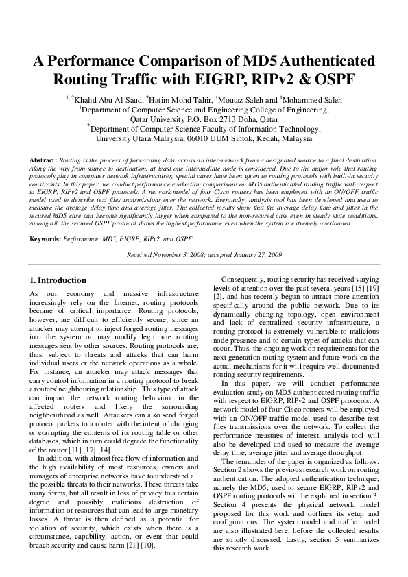 (PDF) A performance comparison of MD5 authenticated routing traffic with EIGRP, RIPv2, and OSPF ...