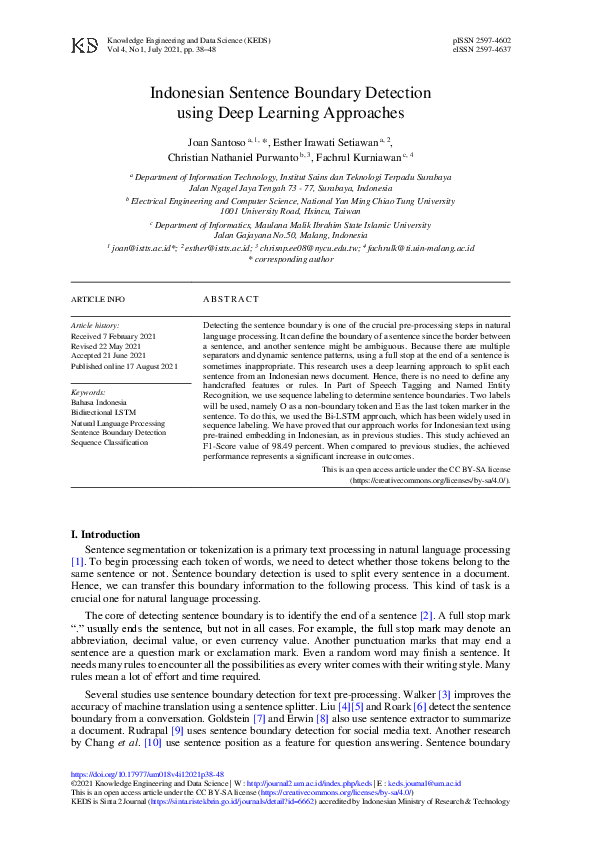 Pdf Indonesian Sentence Boundary Detection Using Deep Learning Approaches 