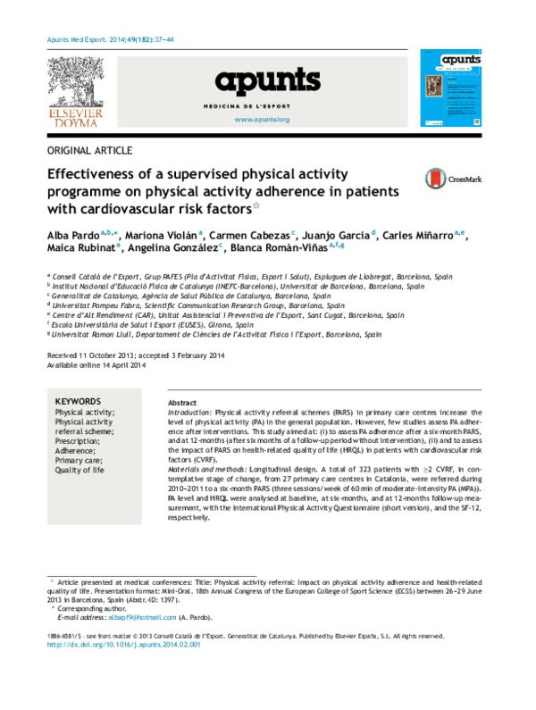 (PDF) Effectiveness of a supervised physical activity programme on physical activity adherence ...