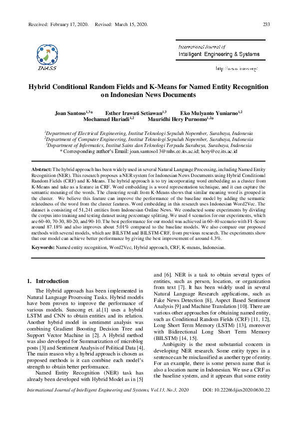 Pdf Hybrid Conditional Random Fields And K Means For Named Entity Recognition On Indonesian 2782