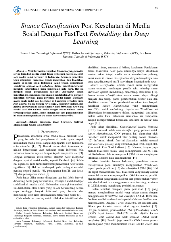 Pdf Stance Classification Post Kesehatan Di Media Sosial Dengan Fasttext Embedding Dan Deep
