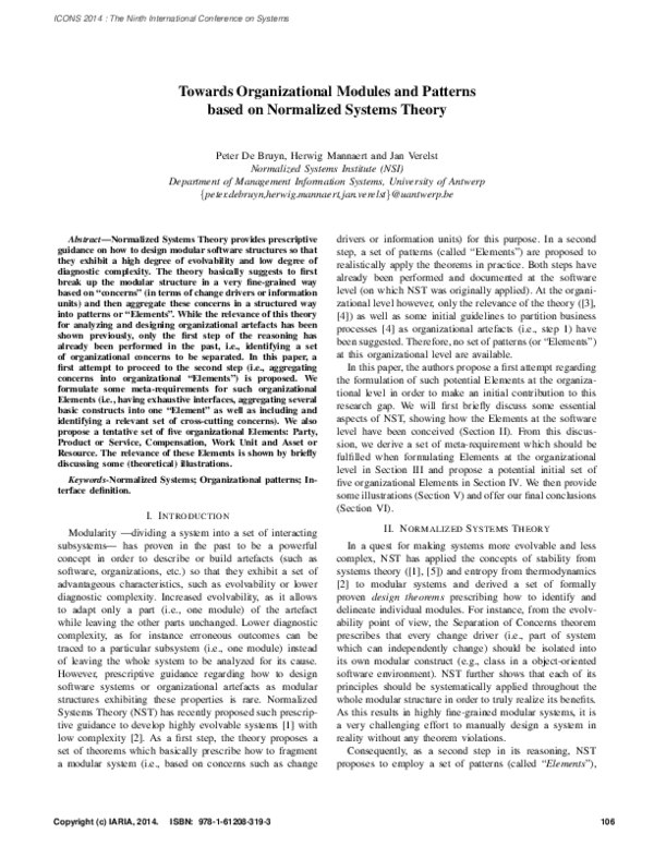 (PDF) Towards Organizational Modules and Patterns based on Normalized Systems Theory