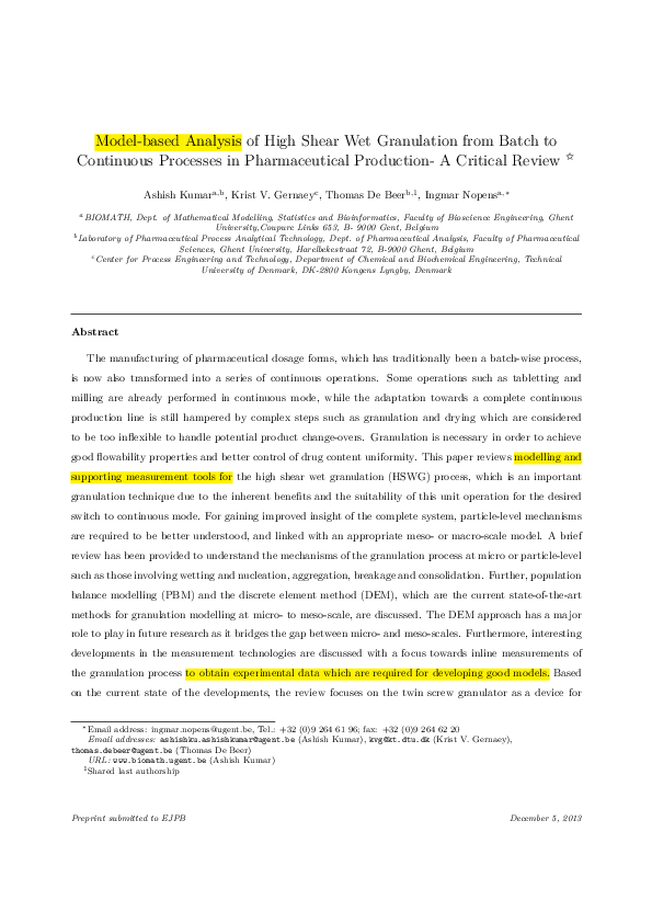 Pdf Model Based Analysis Of High Shear Wet Granulation From Batch To