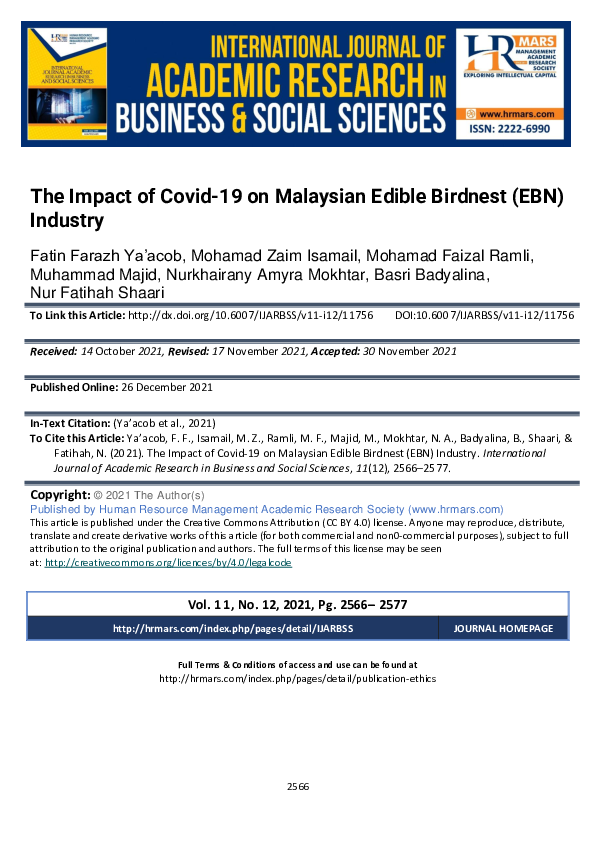 (PDF) The Impact of Covid-19 on Malaysian Edible Birdnest (EBN) Industry