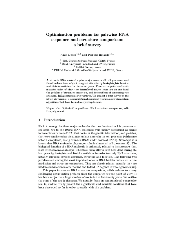 Pdf Optimisation Problems For Pairwise Rna Sequence And Structure Comparison A Brief Survey