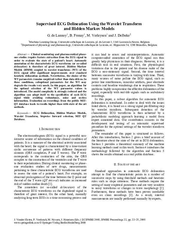 Pdf Supervised Ecg Delineation Using The Wavelet Transform And Hidden Markov Models