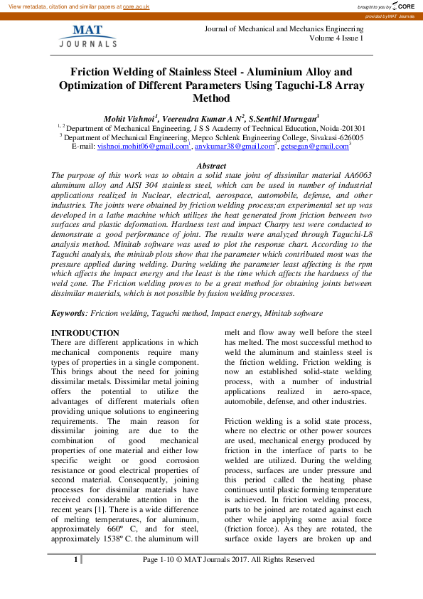 (PDF) Friction Welding of Stainless Steel - Aluminium Alloy and ...