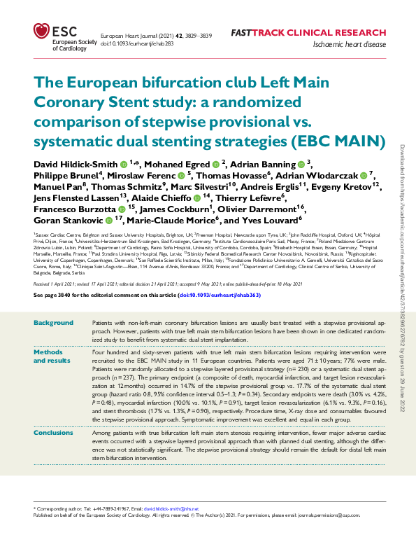 (PDF) The European bifurcation club Left Main Coronary Stent study: a randomized comparison of ...
