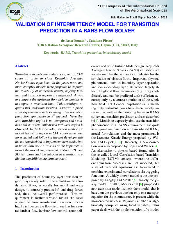 Pdf Validation Of Intermittency Model For Transition Prediction In A