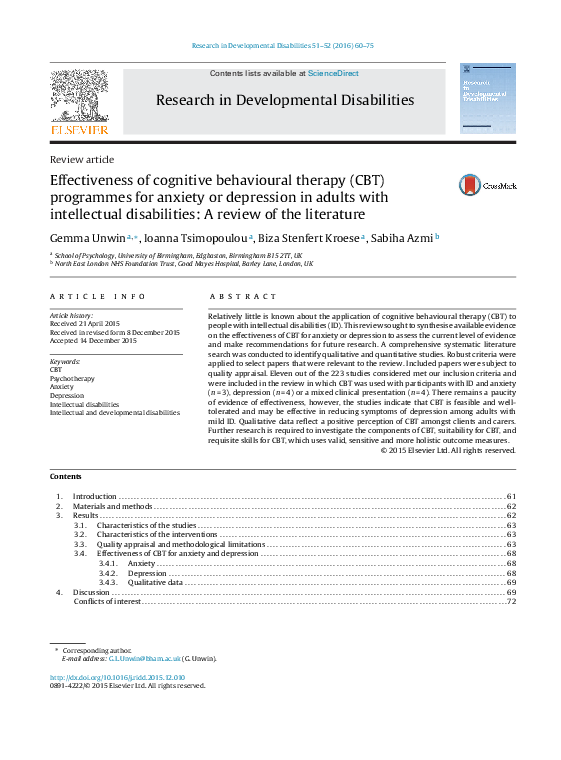 (PDF) Effectiveness of cognitive behavioural therapy (CBT) programmes ...