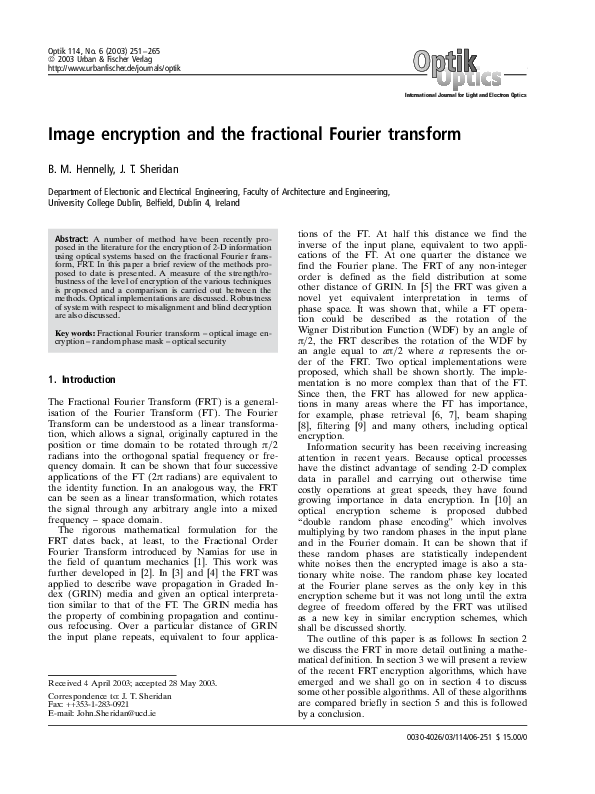 (PDF) Image encryption and the fractional Fourier transform