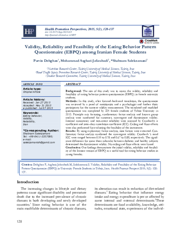 (PDF) Validity, Reliability and Feasibility of the Eating Behavior ...