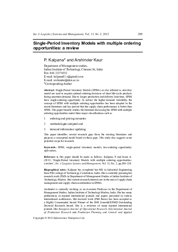 (PDF) Single-Period Inventory Models with multiple ordering opportunities: a review