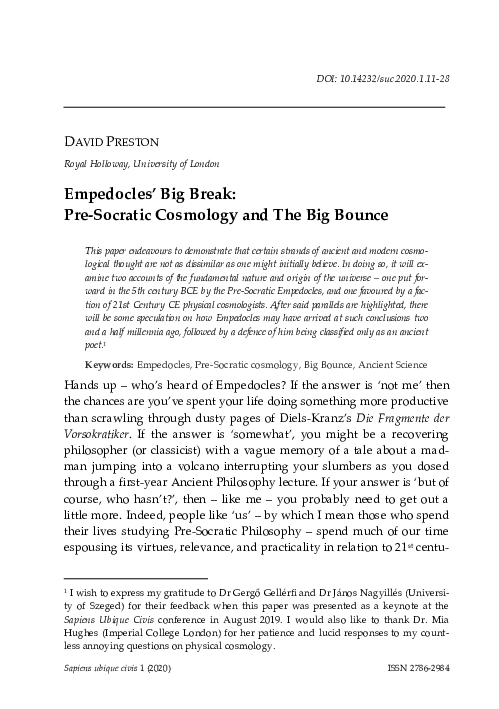 (PDF) Empedocles' Big Break: Pre-Socratic Cosmology and The Big Bounce