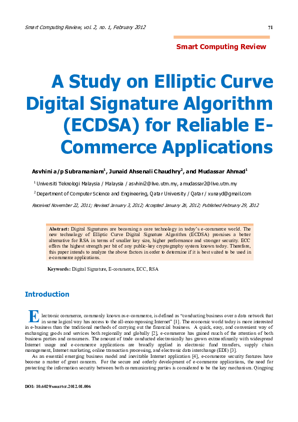 (PDF) A Study on Elliptic Curve Digital Signature Algorithm (ECDSA) for Reliable E-Commerce ...