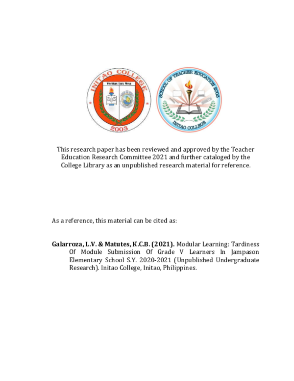 (PDF) MODULAR LEARNING: TARDINESS OF MODULE SUBMISSION OF GRADE V LEARNERS IN JAMPASON ...