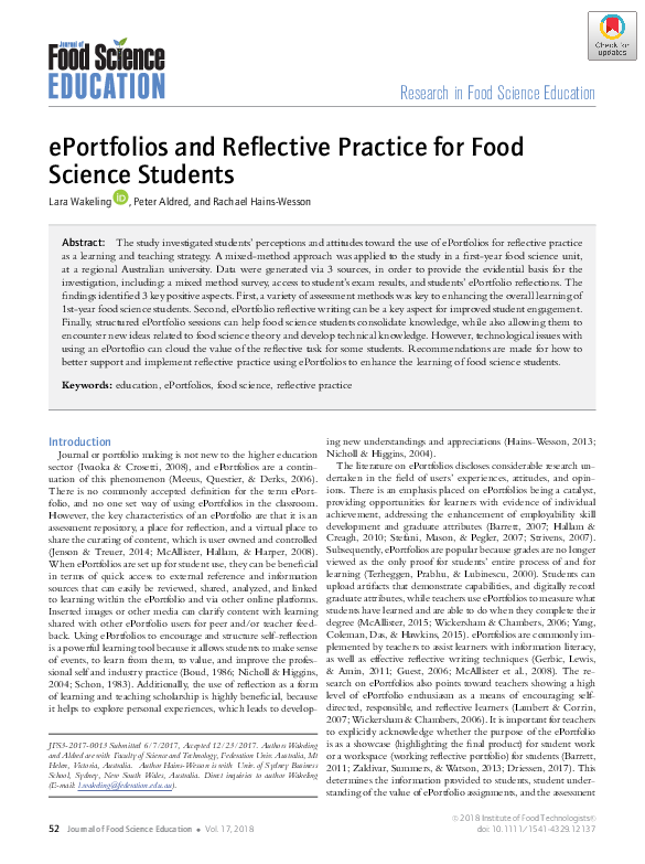 (PDF) ePortfolios and Reflective Practice for Food Science Students