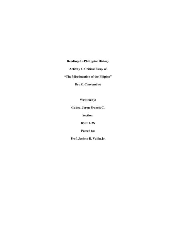(PDF) The Search of the Filipino way A critical essay of The Miseducation of the Filipino