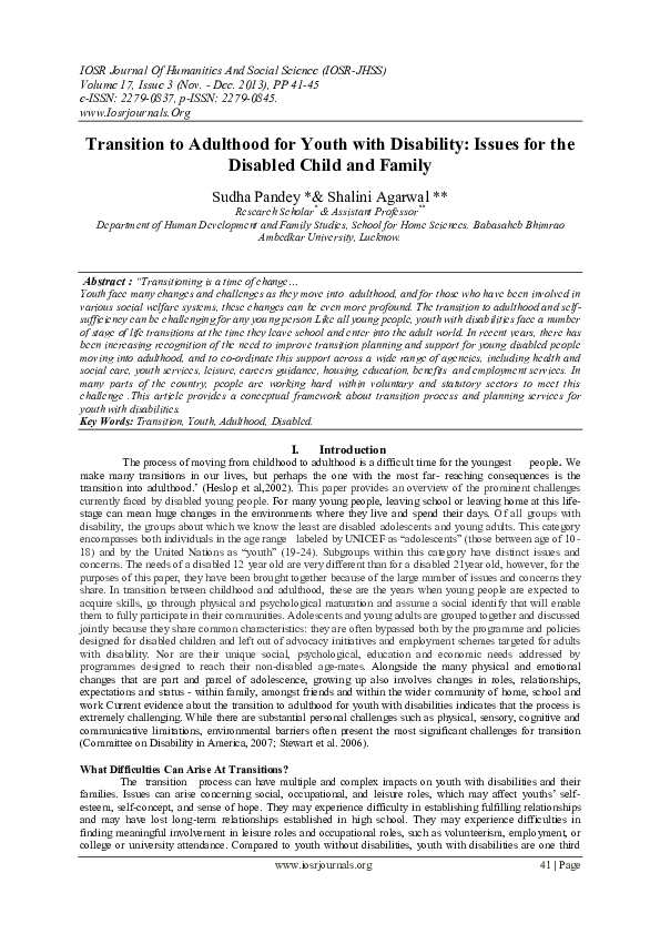 (PDF) Transition to Adulthood for Youth with Disability: Issues for the ...