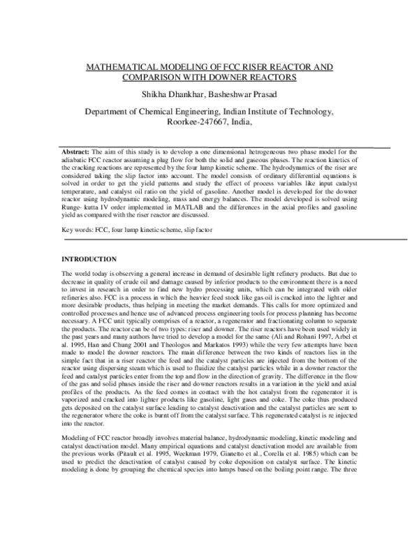 (PDF) Modeling of FCC Riser Reactor and Comparison with Downer Reactors