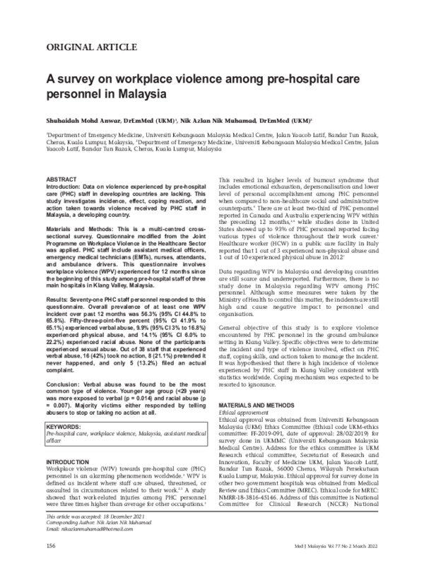 (PDF) A survey on workplace violence among pre-hospital care personnel ...