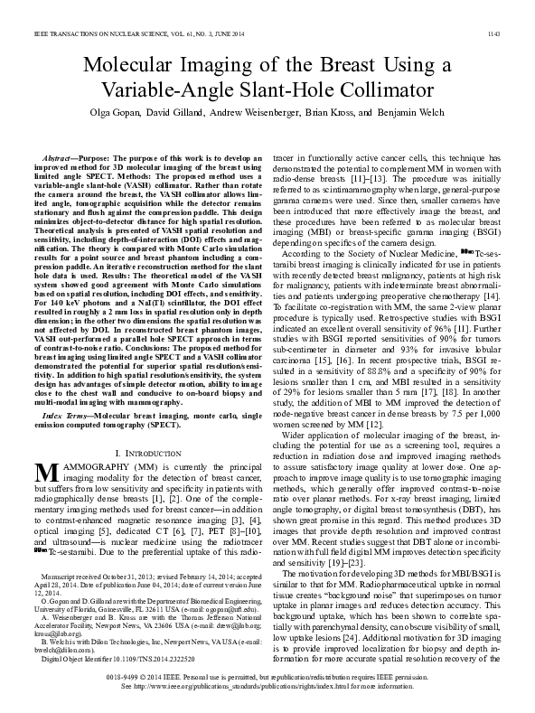 Pdf Molecular Imaging Of The Breast Using A Variable Angle Slant Hole Collimator
