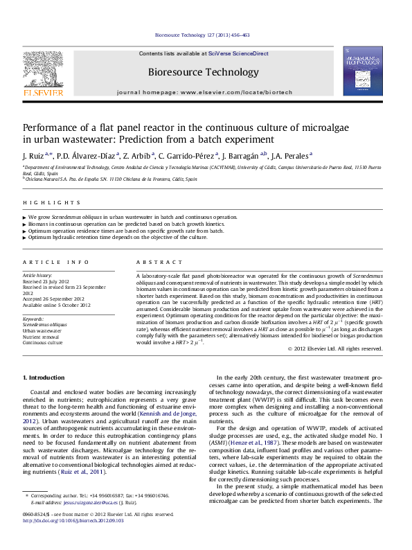 (PDF) Performance of a flat panel reactor in the continuous culture of ...