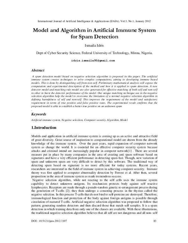 Pdf Model And Algorithm In Artificial Immune System For Spam Detection
