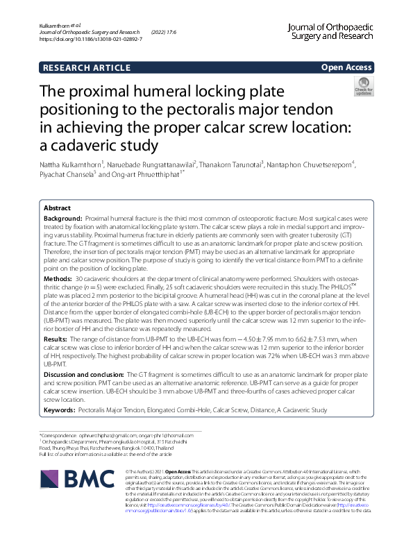 (PDF) The proximal humeral locking plate positioning to the pectoralis ...