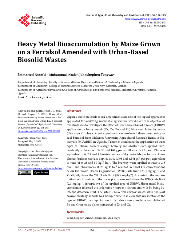 (PDF) Heavy Metal Bioaccumulation by Maize Grown on a Ferralsol Amended ...