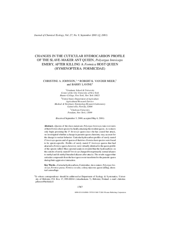 (PDF) Changes in the Cuticular Hydrocarbon Profile of the Slave-Maker ...