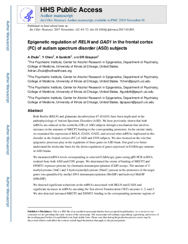(PDF) Epigenetic regulation of RELN and GAD1 in the frontal cortex (FC) of autism spectrum ...