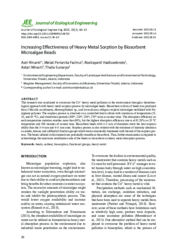 (PDF) Increasing Effectiveness of Heavy Metal Sorption by Biosorbent Microalgae Beads