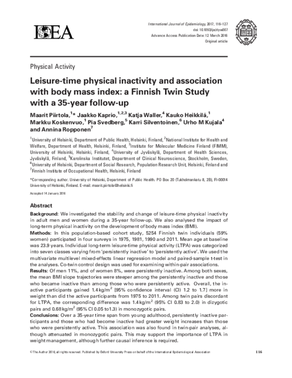 (PDF) Physical Activity Leisure-time physical inactivity and association with body mass index ...