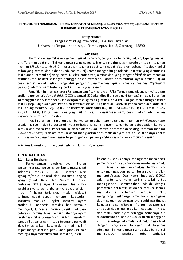 (PDF) Pengaruh Penambahan Tepung Tanaman Meniran (Phyllanthus Niruri, L ... (PDF) Pengaruh Penambahan Tepung Tanaman Meniran (Phyllanthus Niruri, L ...
