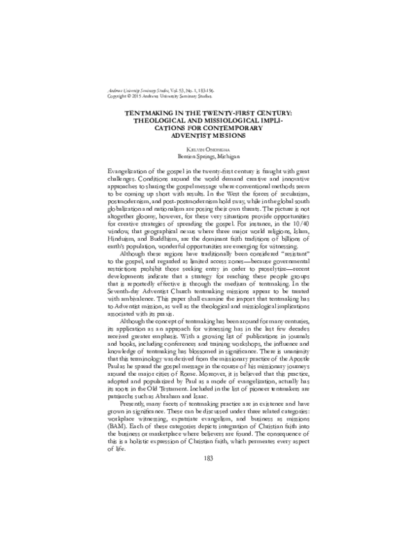 (PDF) Tentmaking in the Twenty-First Century: Theological and ...